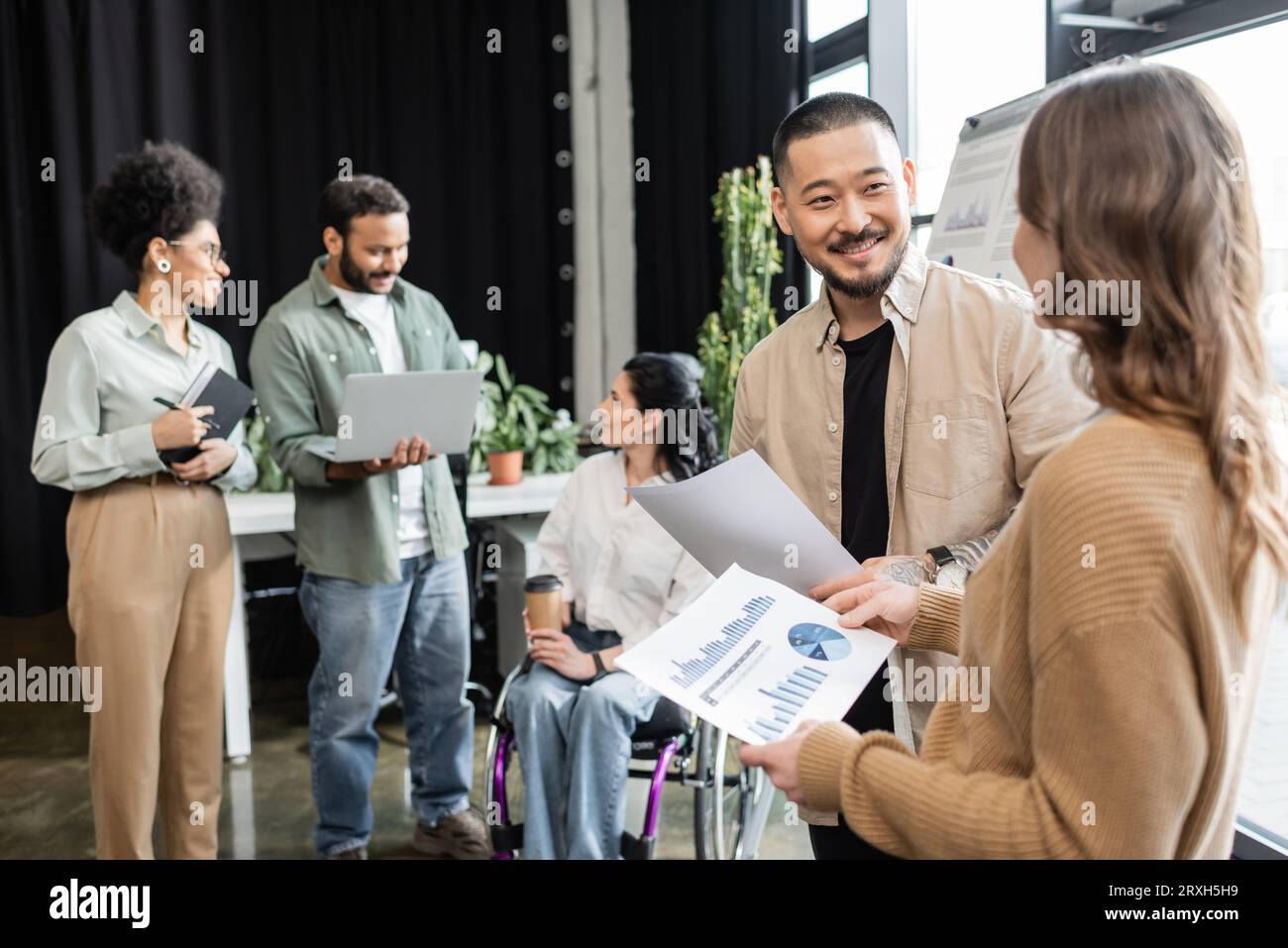 diversity and inclusion, happy asian man communicating with female ...