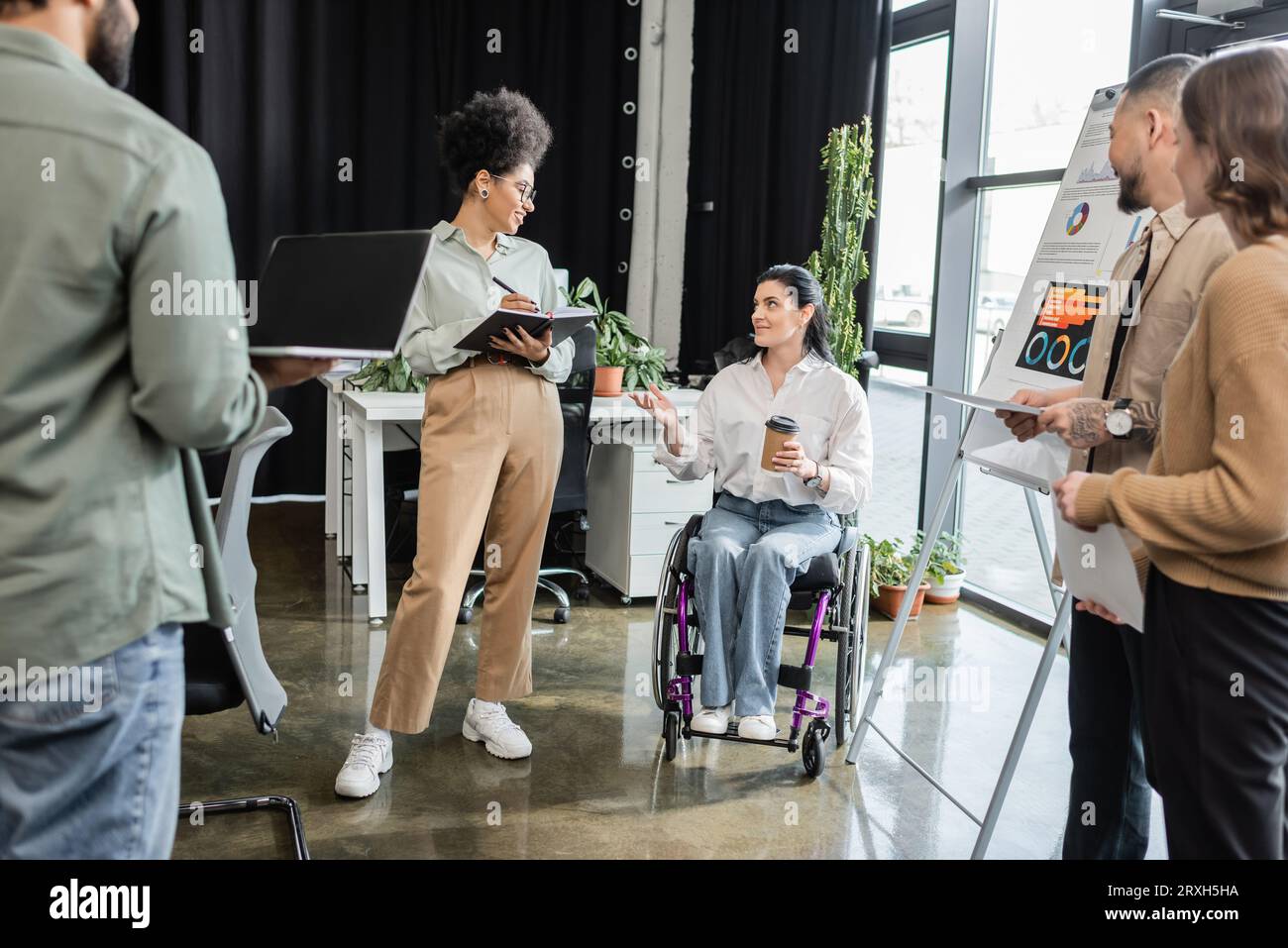 inclusion concept, disabled woman in wheelchair sharing ideas with ...