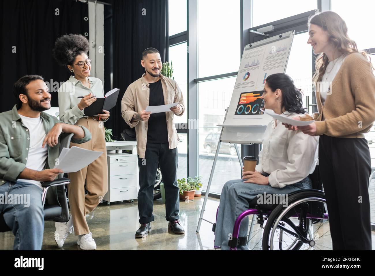 inclusion concept, woman in wheelchair working together in interracial ...