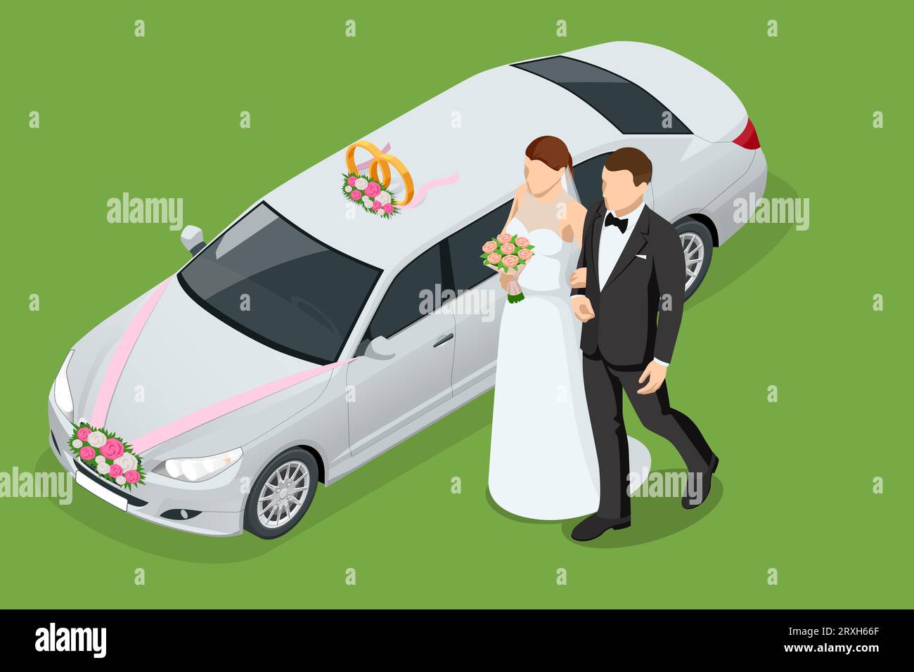 Wedding car decoration. Isometric limousine in a wedding day. The bride ...