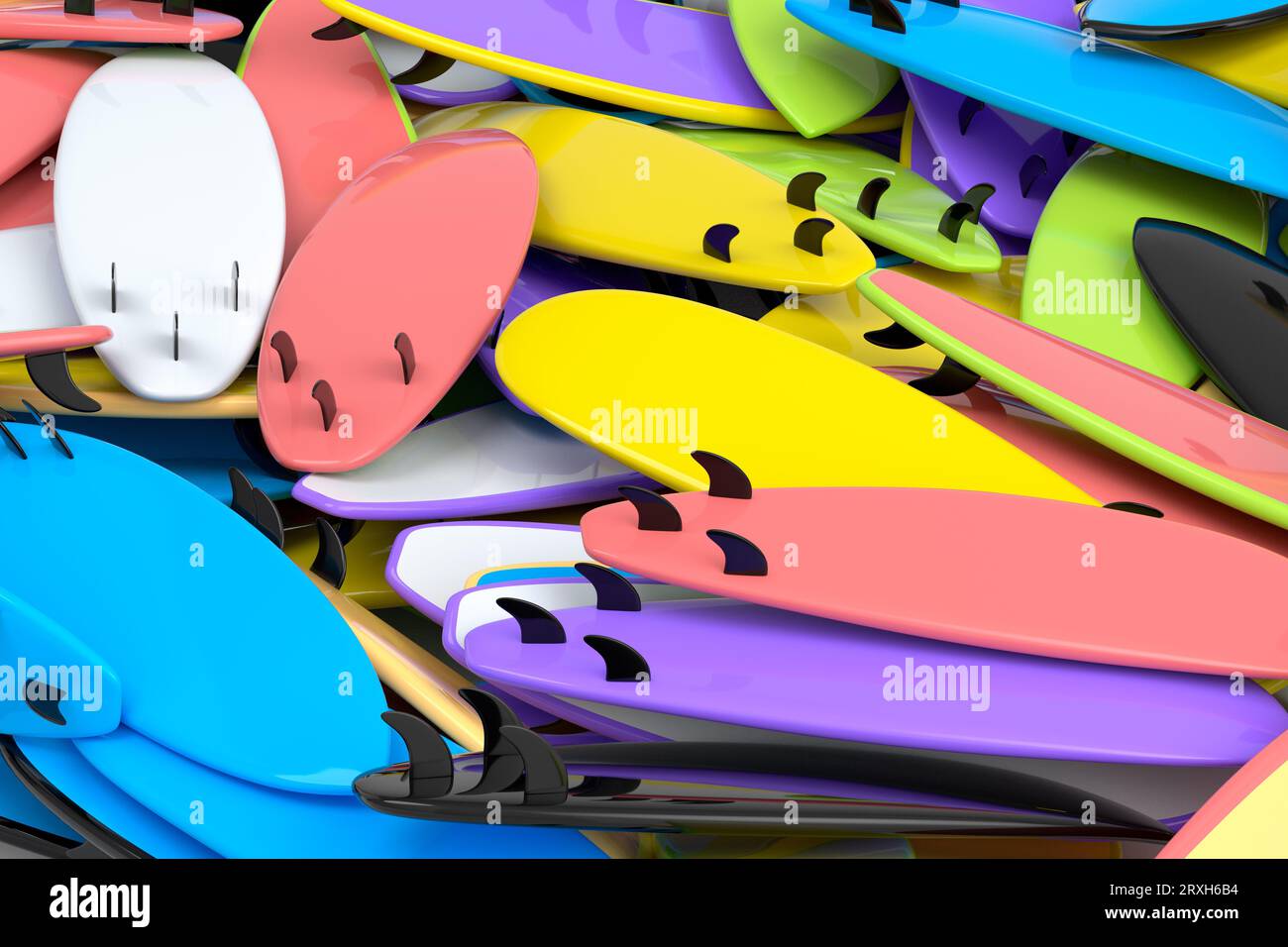 Pile of surfboard isolated on multicolor background. 3d render of ...