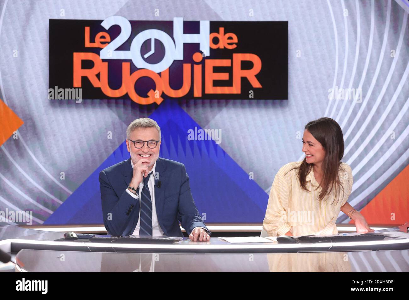 French television presenter and radio host Laurent Ruquier and Julie Hammett presents his new ...
