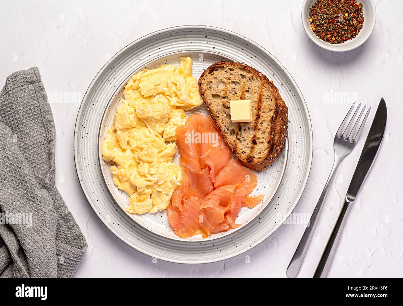 Food photography of breakfast; scrambled egg; brunch; omelette; smoked ...