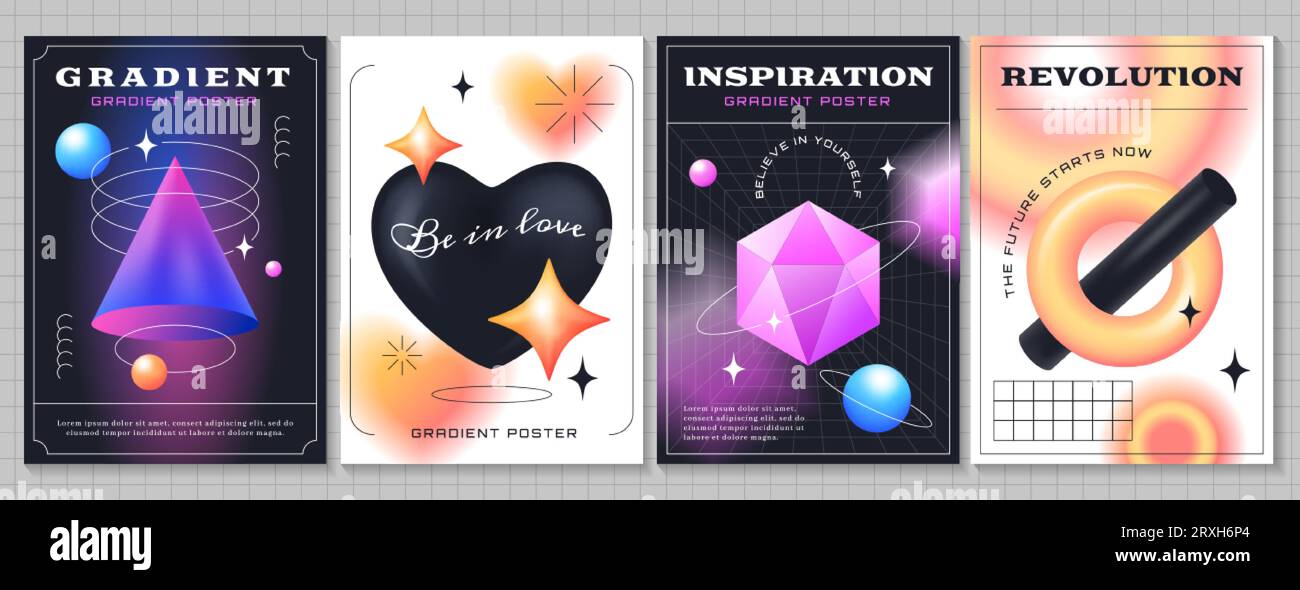 Vector poster template set with colorful 3d realistic geometric shapes ...