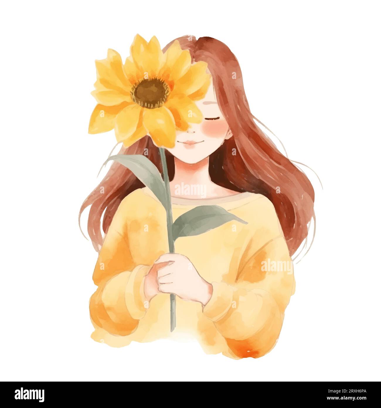 Cute Girl holding a sunflower. Watercolor illustration Stock Vector ...