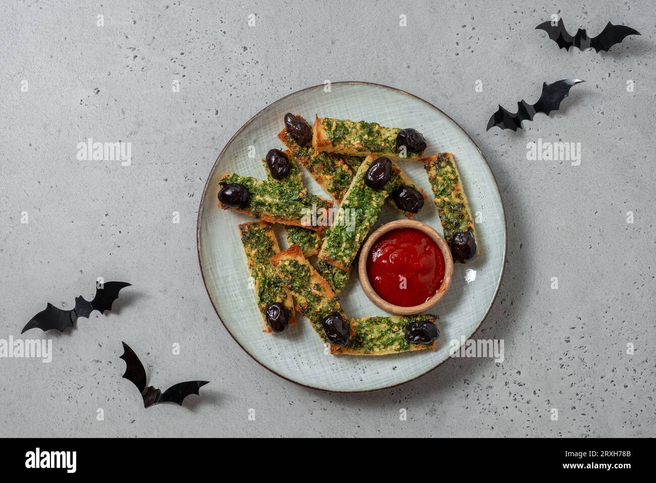 Halloween food. Halloween witch's fingers garlic bread toast with ...