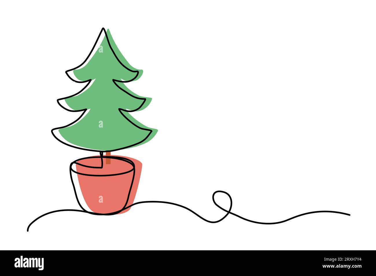 Christmas tree in pot, line art with color backdrop, continuous line ...