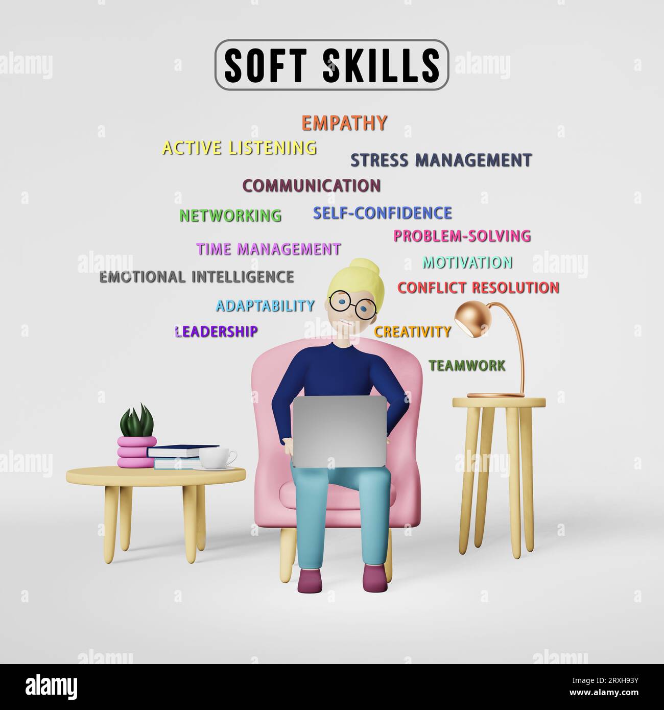 Soft Skills 3D rendering infographic. Young woman employee character ...