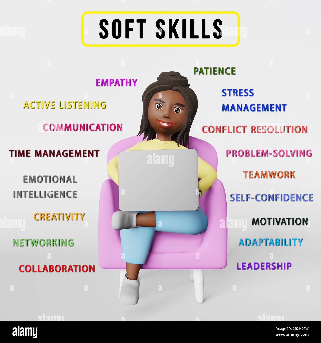 Soft Skills 3D rendering infographic. Young woman employee character ...