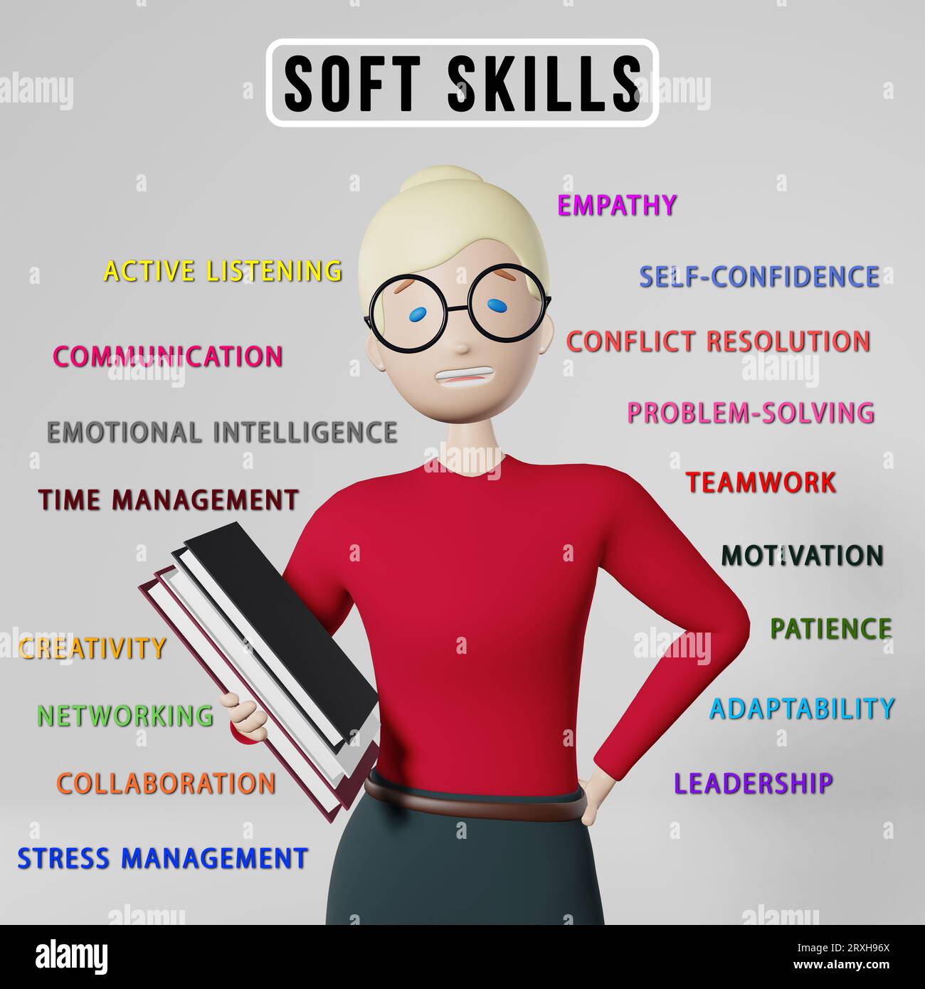 Soft Skills 3D rendering infographic. Young woman employee character ...