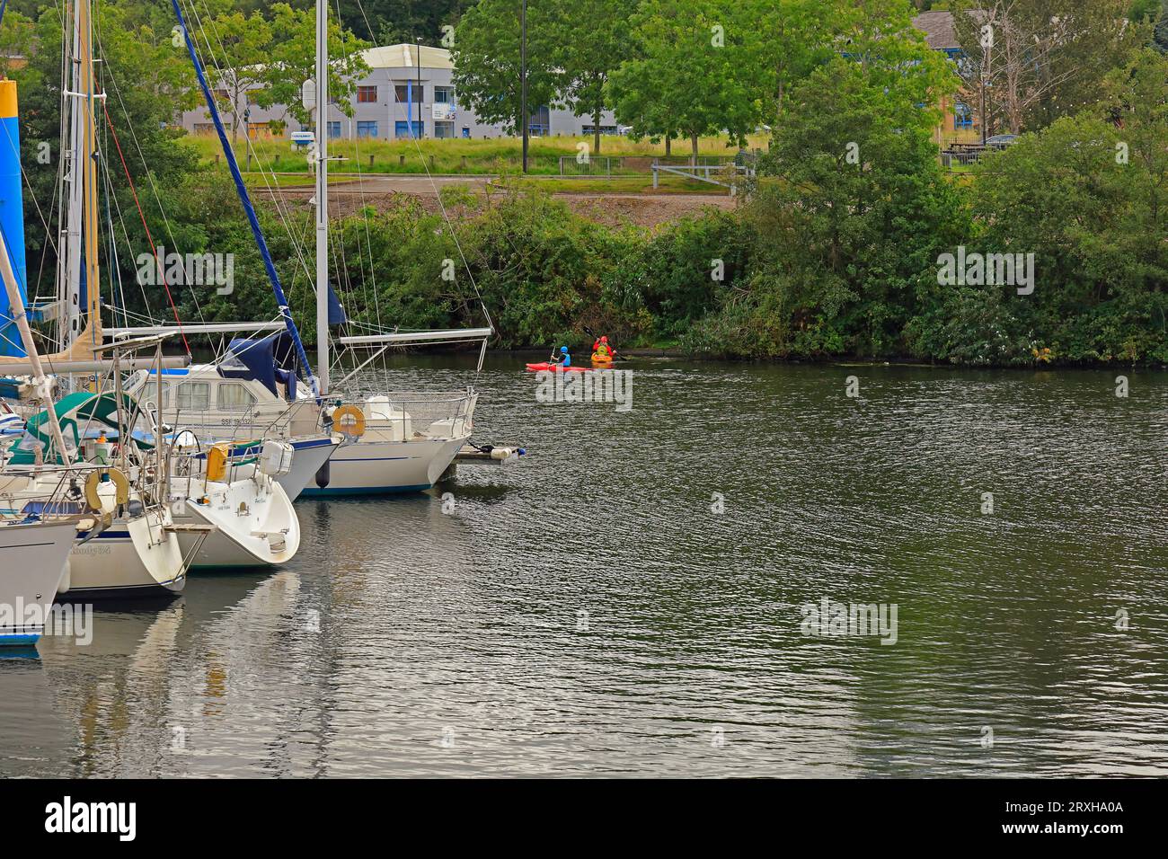 Two kayakers on the river Ely near where it enters Cardiff Bay, Taken ...