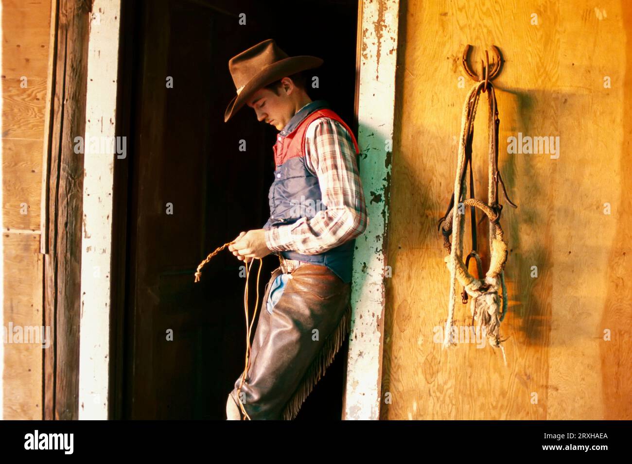 A cowboy braids a lariat; Cassoday, Kansas, United States of America ...