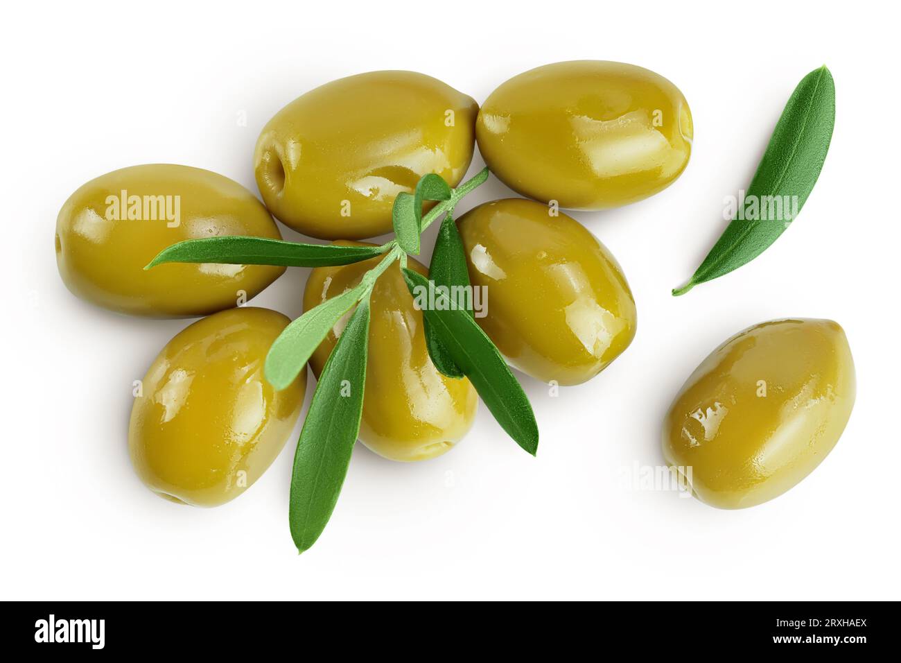 Green olives with leaves isolated on a white background with full depth ...