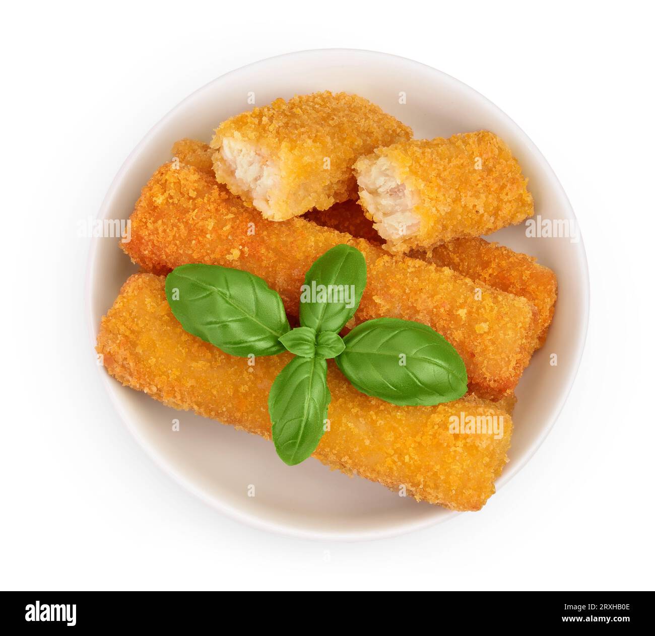 Fish finger or stick with parsley in ceramic bowl isolated on white ...