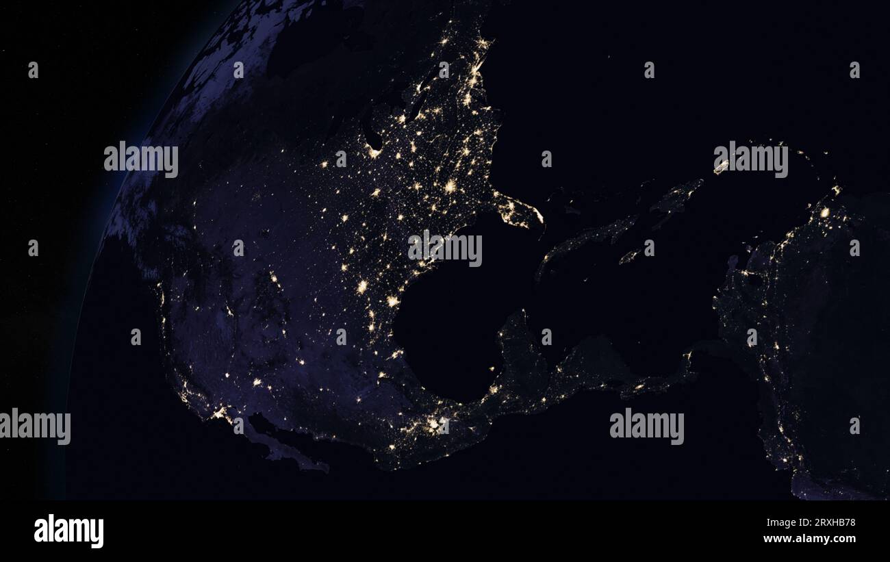 Planet Earth focused on North America by night. Illuminated cities on ...