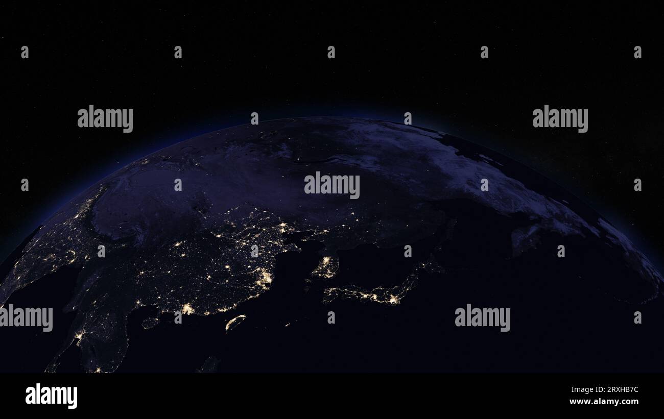 Planet Earth focused on Asia by night. Illuminated cities on dark side ...