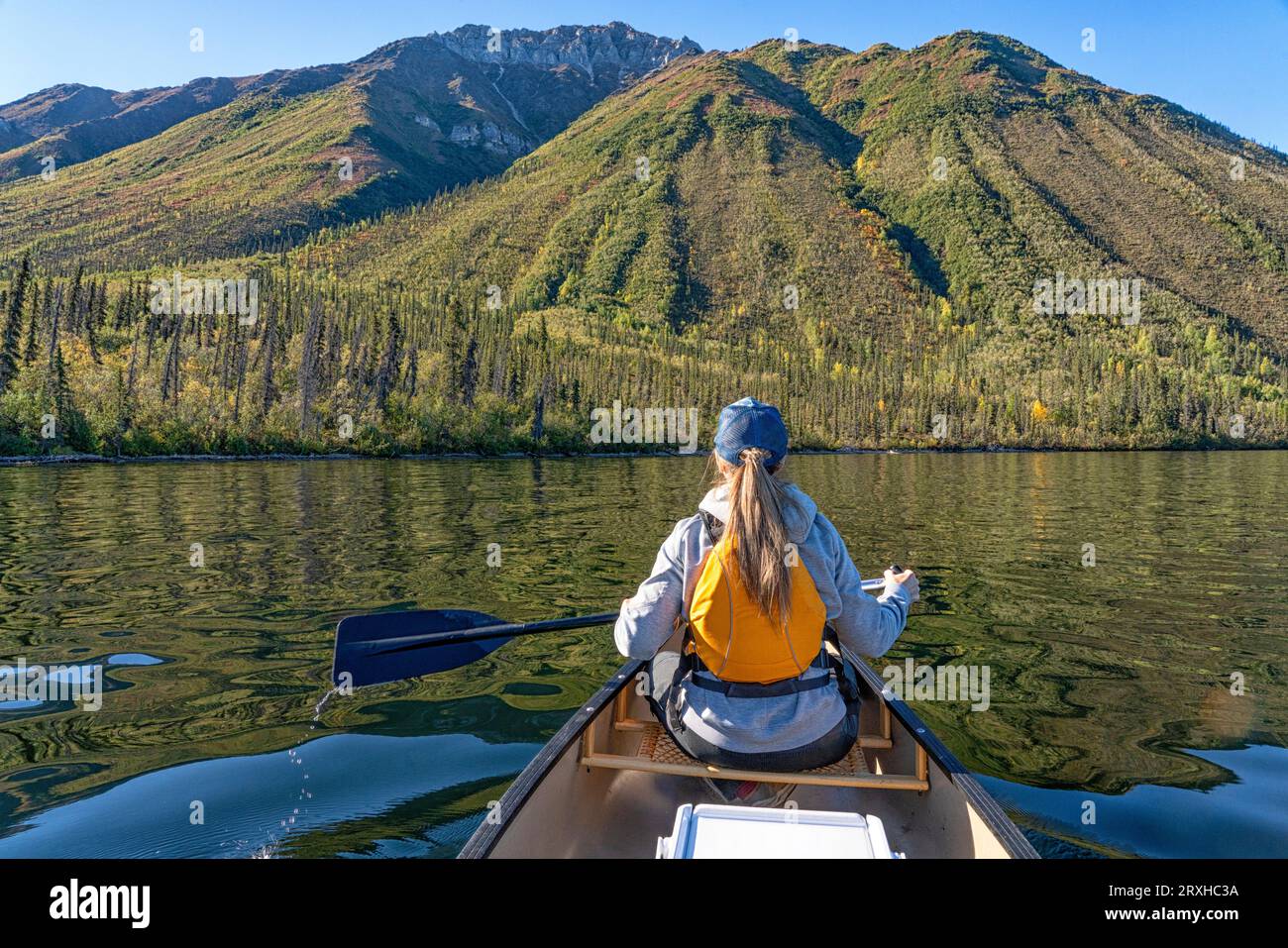 Woman paddling a canoe on a remote Yukon lake with beautiful scenery ...