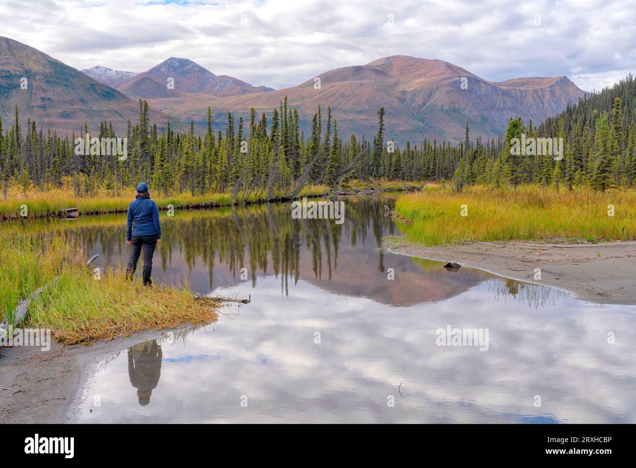 Woman on a shoreline looking at the beautiful Yukon scenery. This area ...