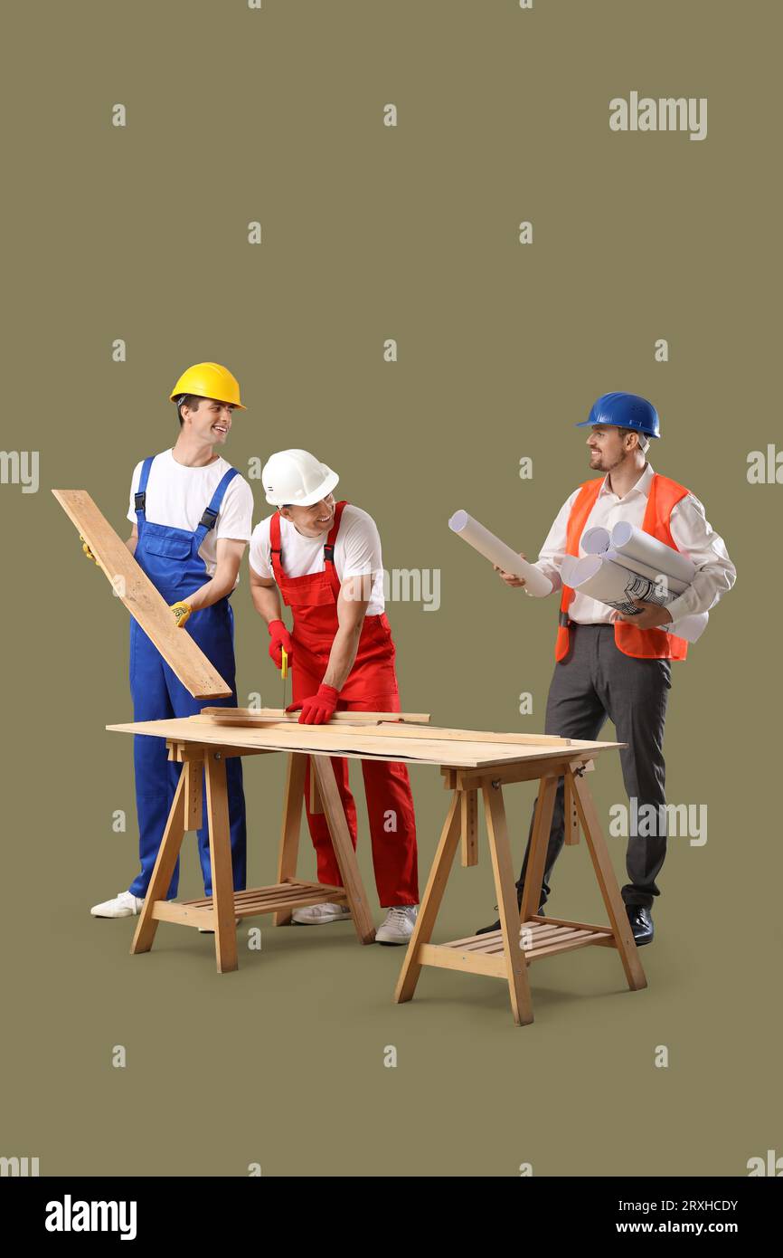 Team of male builders with wooden planks and house plans on green ...