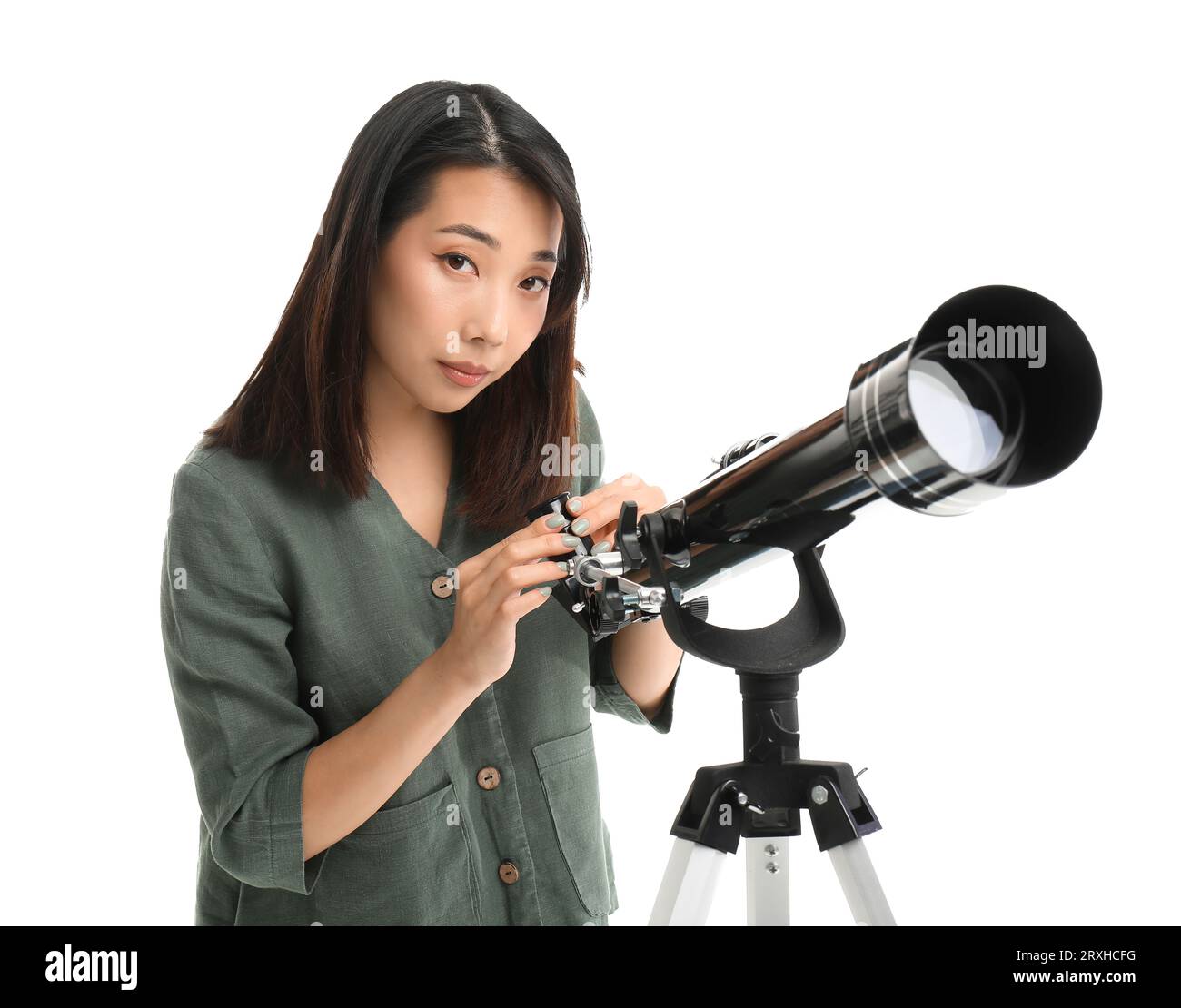 Young Asian woman using telescope on white background Stock Photo - Alamy