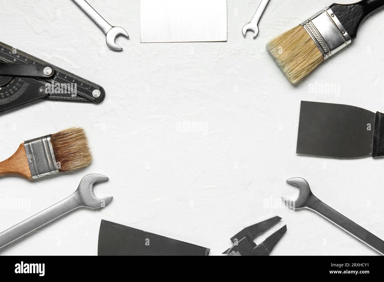 Frame made of different construction tools on white background Stock ...