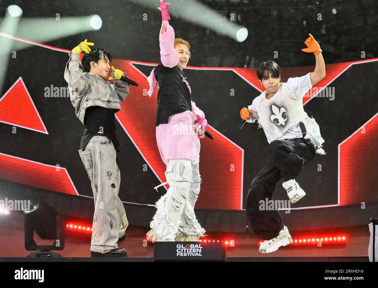 Changbin, from left, Bang Chan and Han from 3RACHA perform during the ...