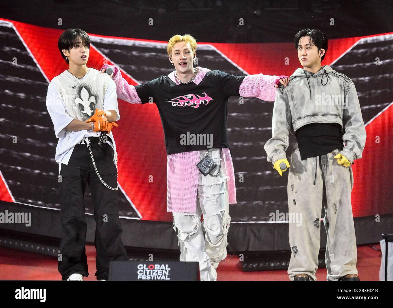 Han, from left, Bang Chan and Changbin from 3RACHA perform during the ...