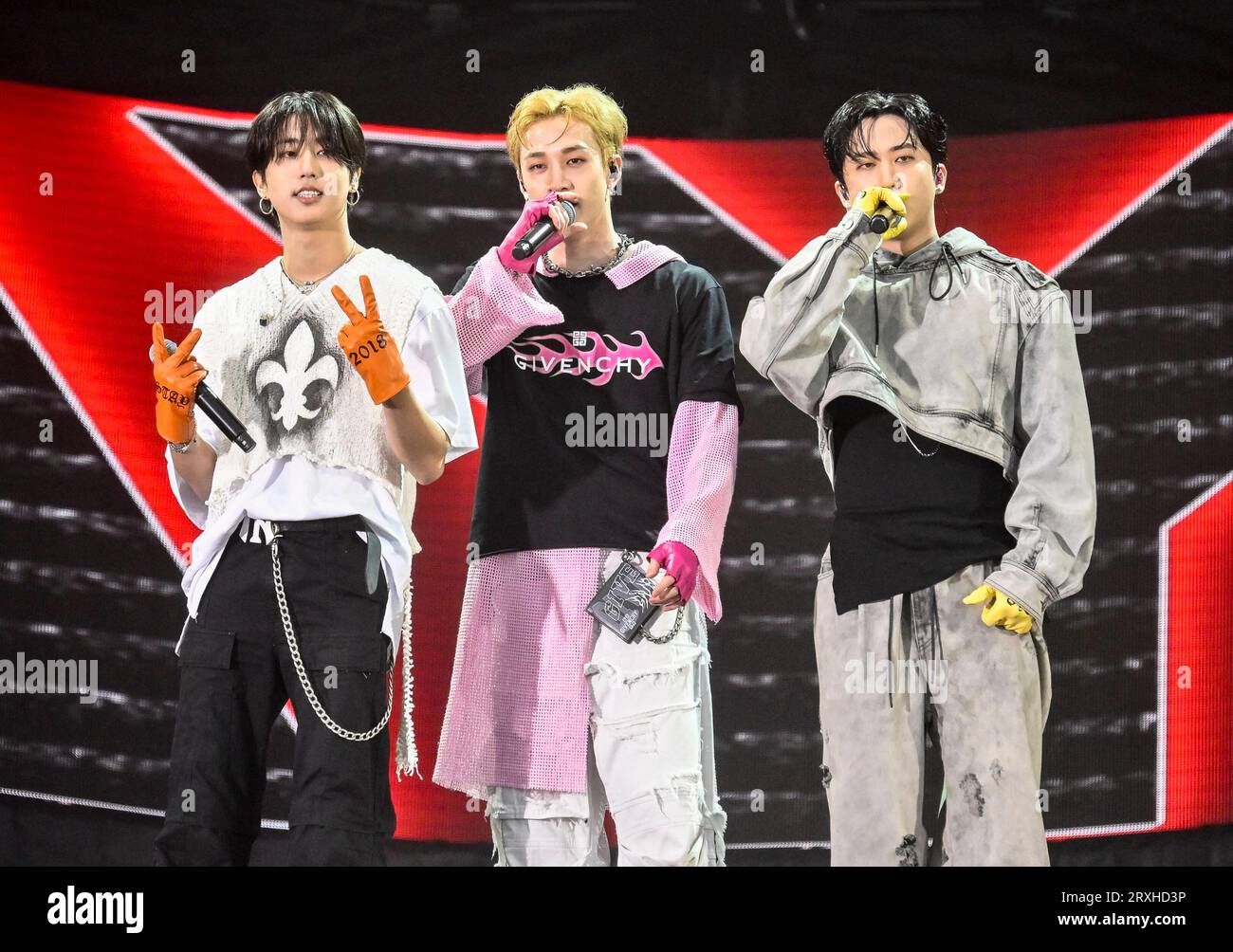 Han, from left, Bang Chan and Changbin from 3RACHA perform during the ...