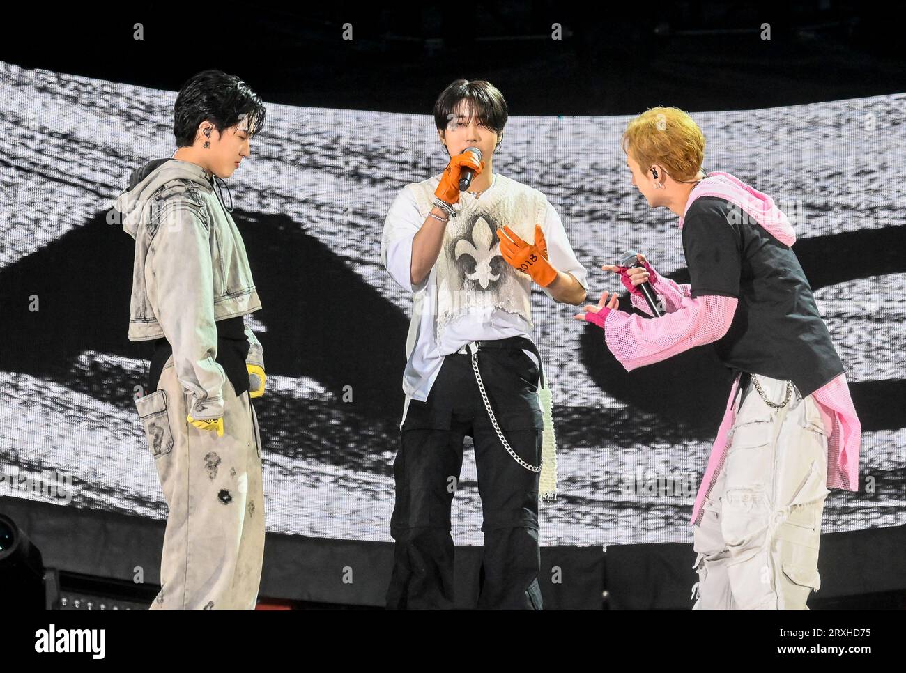 Changbin, from left, Han and Bang Chan from 3RACHA perform during the ...