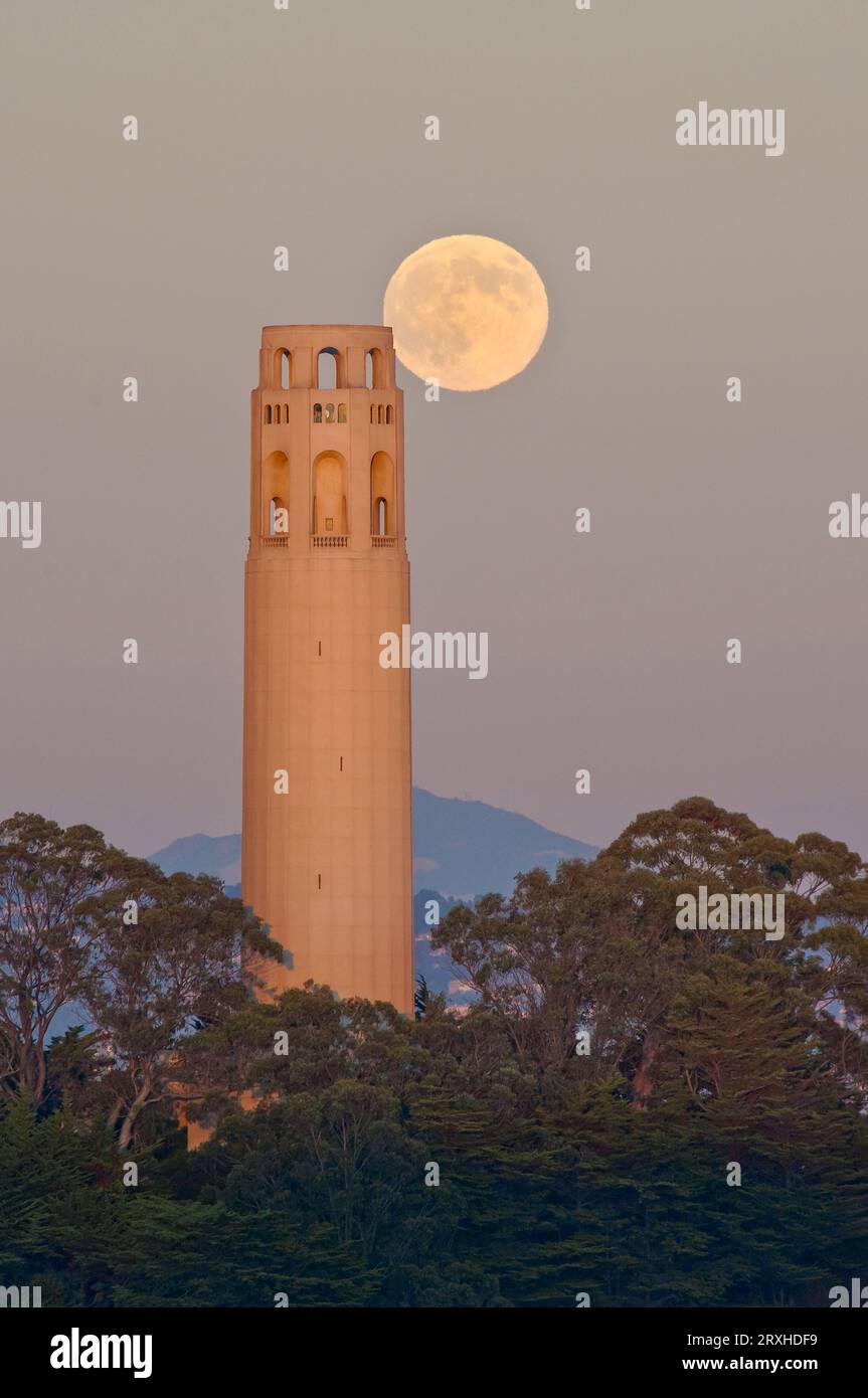 Coit Tower on Telegraph Hill, San Francisco, at sunset for the rising ...