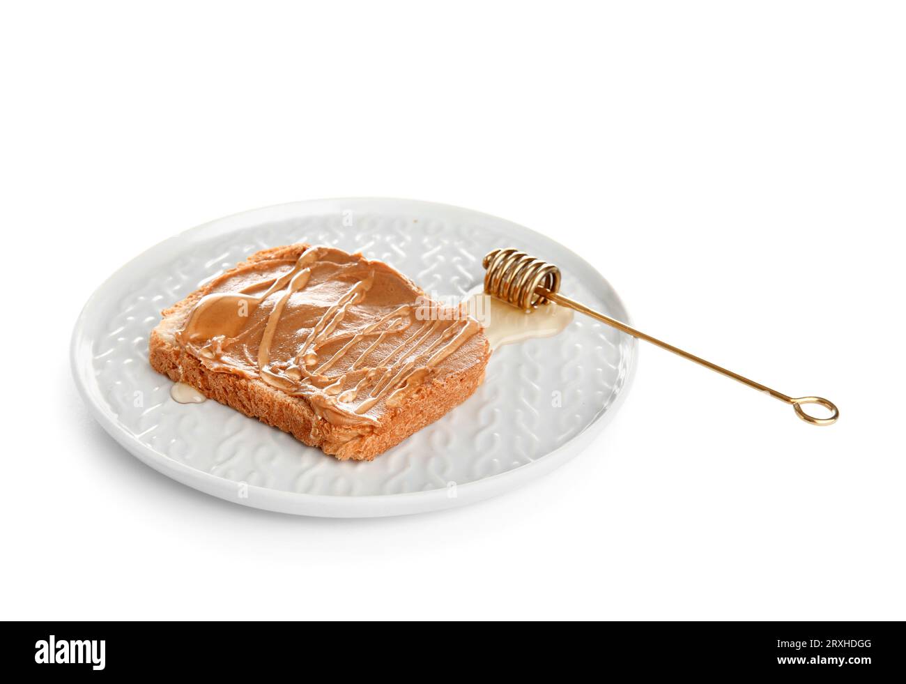 Plate of toasts with peanut butter and honey on white background Stock ...