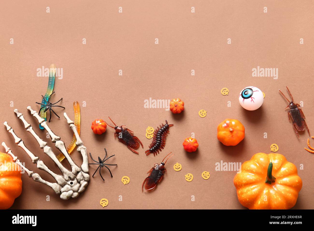Halloween composition with candy bugs, pumpkins and skeleton hand on ...