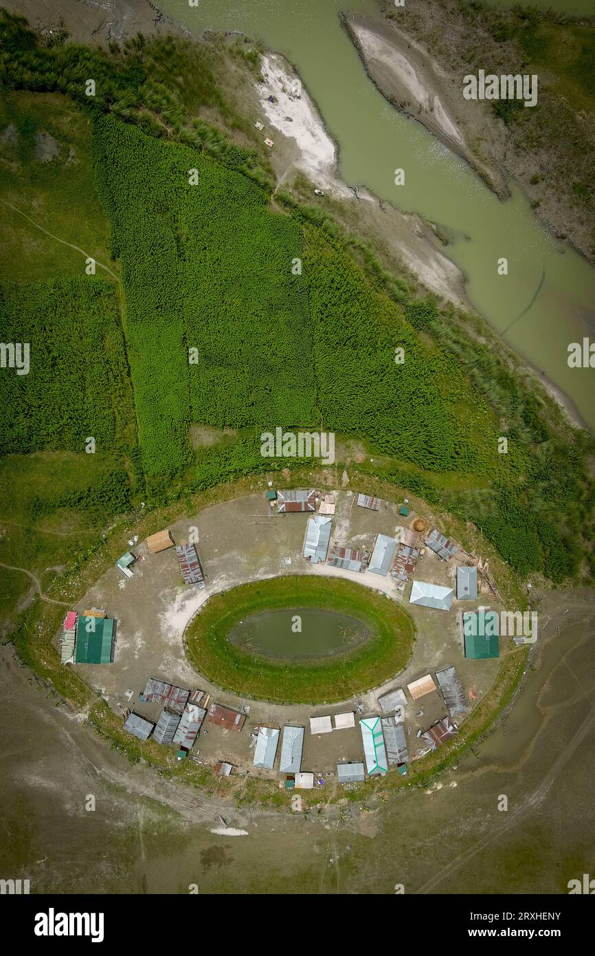 An aerial view of the plinth in the Nayer char. The plinth is an ...