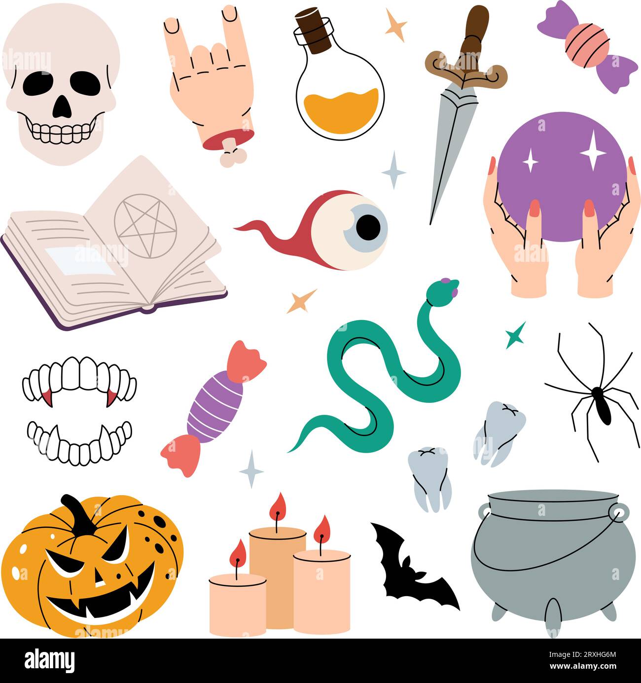 Halloween party. Trick or treat. Poison bottle, magic pot, crystal ball ...