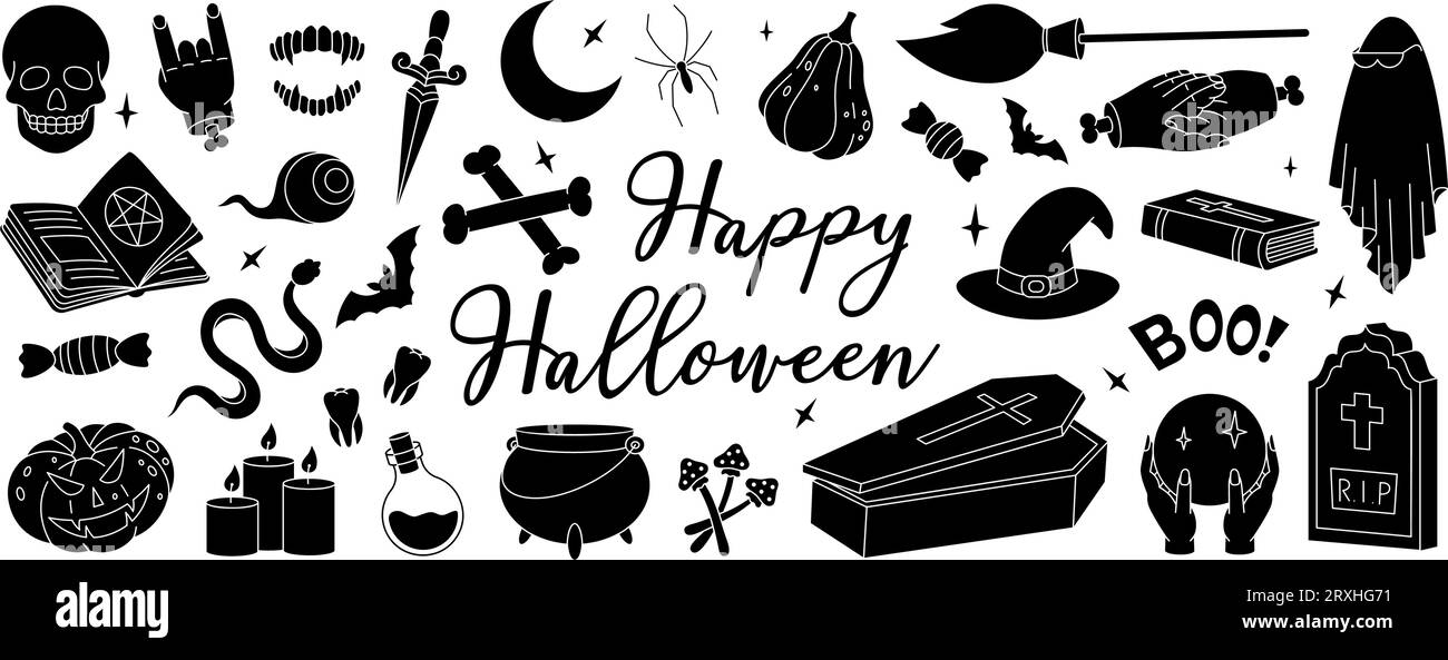 Halloween set. Happy Halloween. Poison bottle, magic pot, crystal ball ...