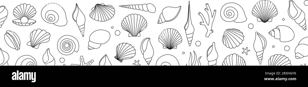 Sea shells horizontal outline banner. Tropical underwater shells ...