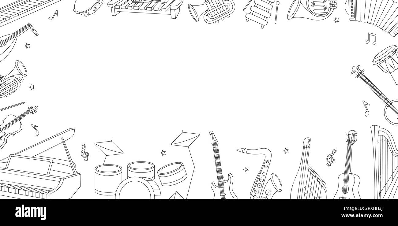 Musical instruments horizontal outline banner. Musical school set. Tuba ...
