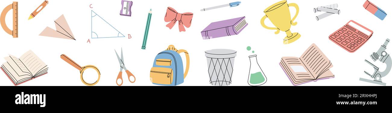 Set of school supplies. Protractor ruler, measuring tool, books ...