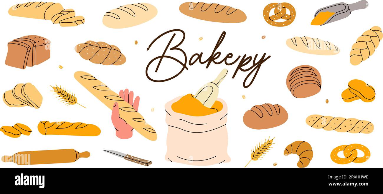 Set of bakery products. Bread and pastry banner. Whole grain and wheat ...