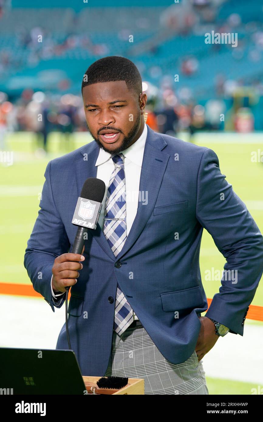 NFL Network reporter Cameron Wolfe is shown before the start of an NFL ...