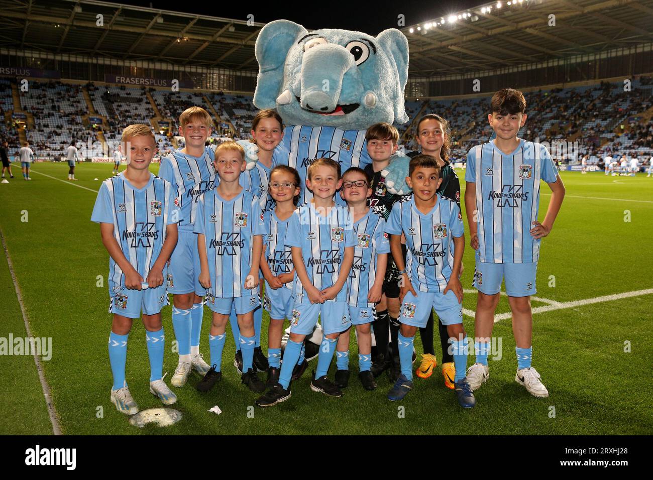 Coventry City mascot Sky Blue Sam poses for a photo with the matchday ...