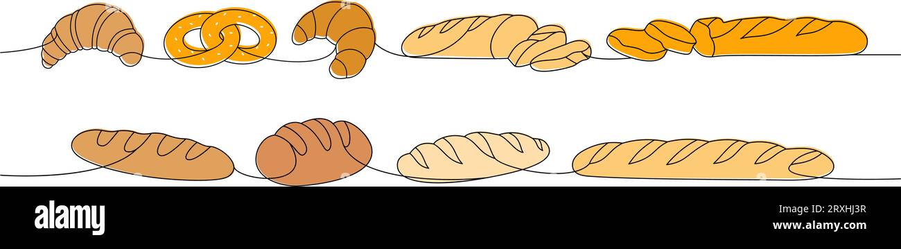 Set of breads one line colored continuous drawing. Whole grain, wheat ...