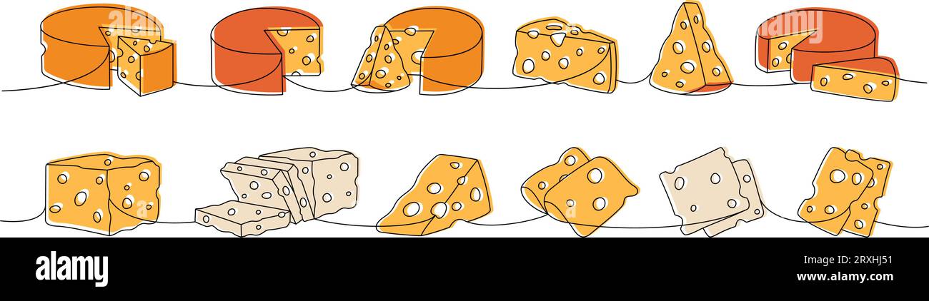 Cheese products one line colored continuous drawing. Different types of ...