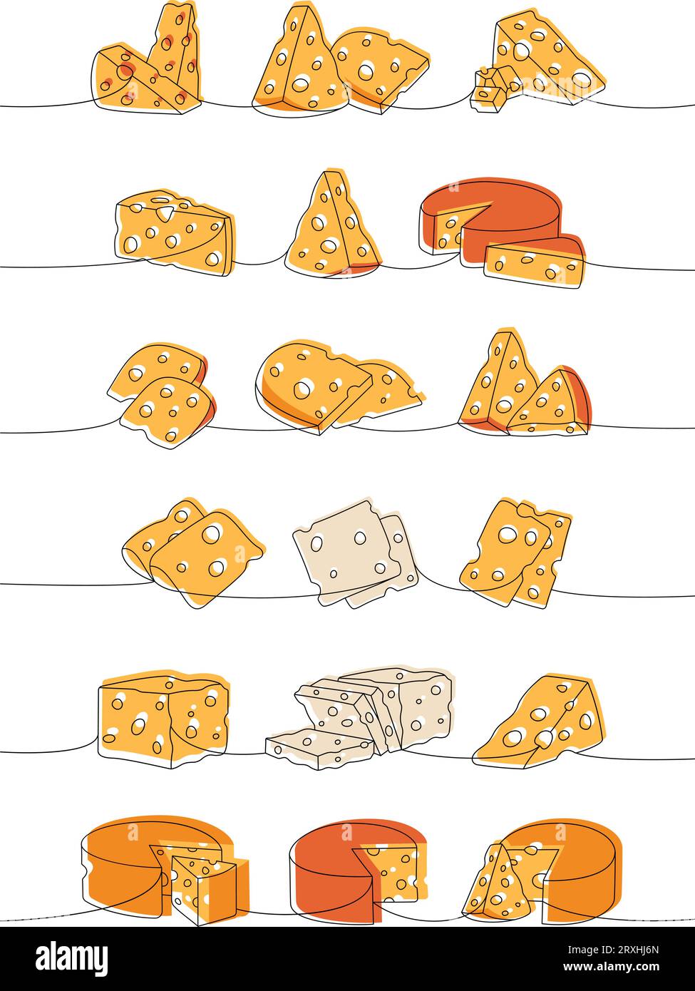 Set of cheese one line colored continuous drawing. Different types of ...
