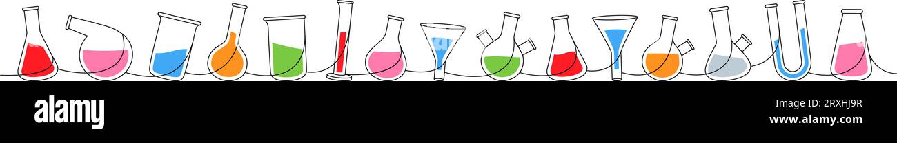 Laboratory glassware one line colored continuous drawing. Conical flask ...
