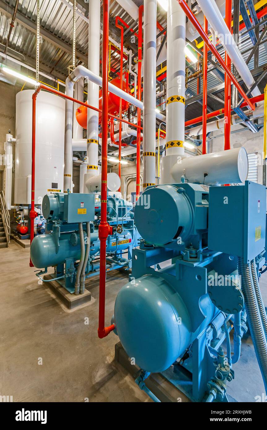 Compressor room in ammonia-cycle industrial refrigeration cold-storage ...
