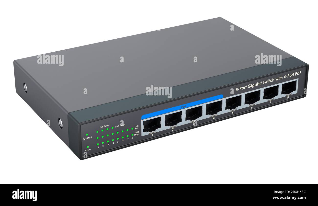 8 port Gigabit Switch with 4 port PoE. 3D rendering isolated on white ...