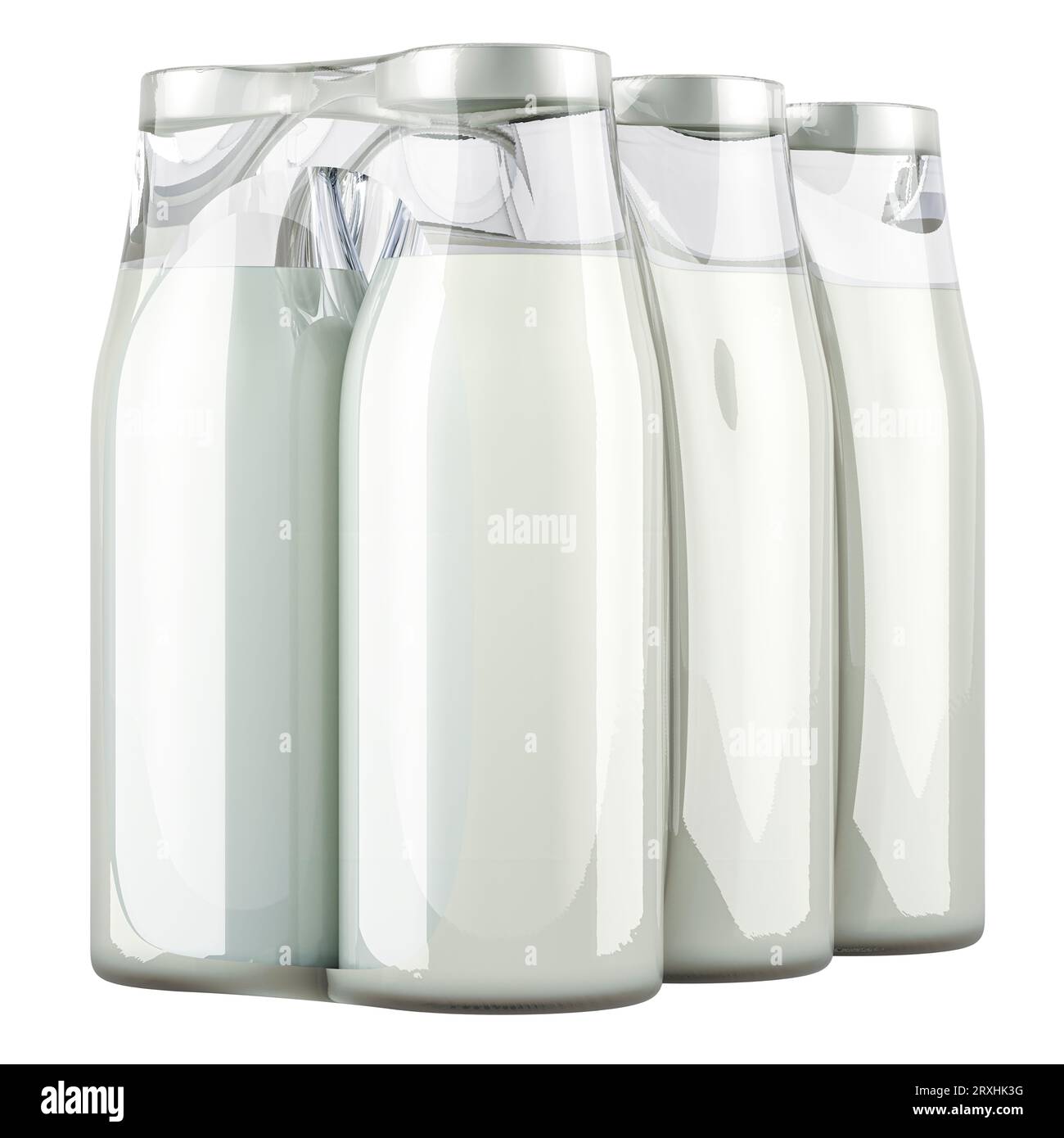 Package of milk or dairy drink in glass bottles in shrink film, 3D ...