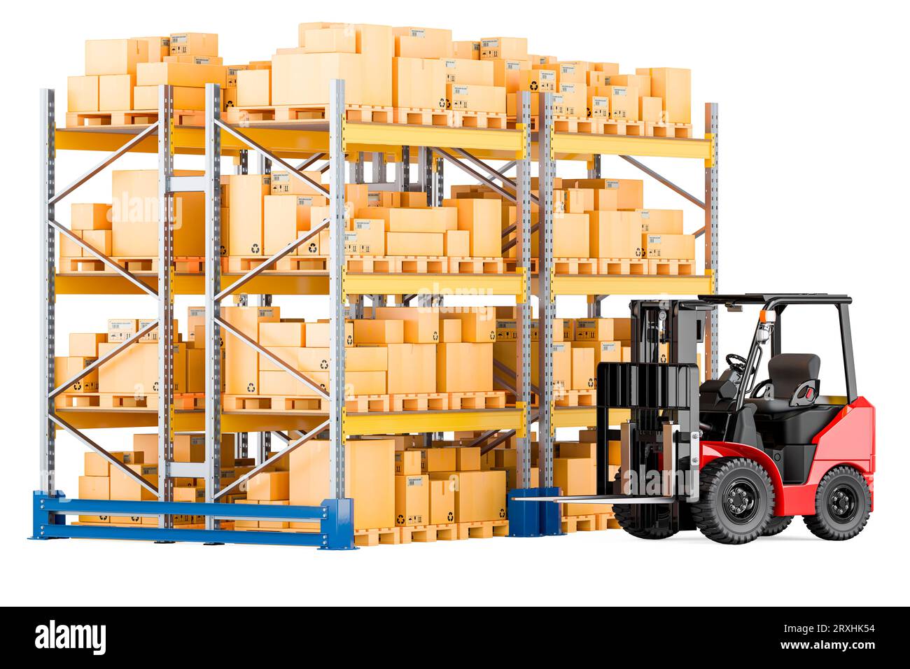 Pallet racks and warehouse forklift truck with cardboard boxes, 3D rendering isolated on white ...