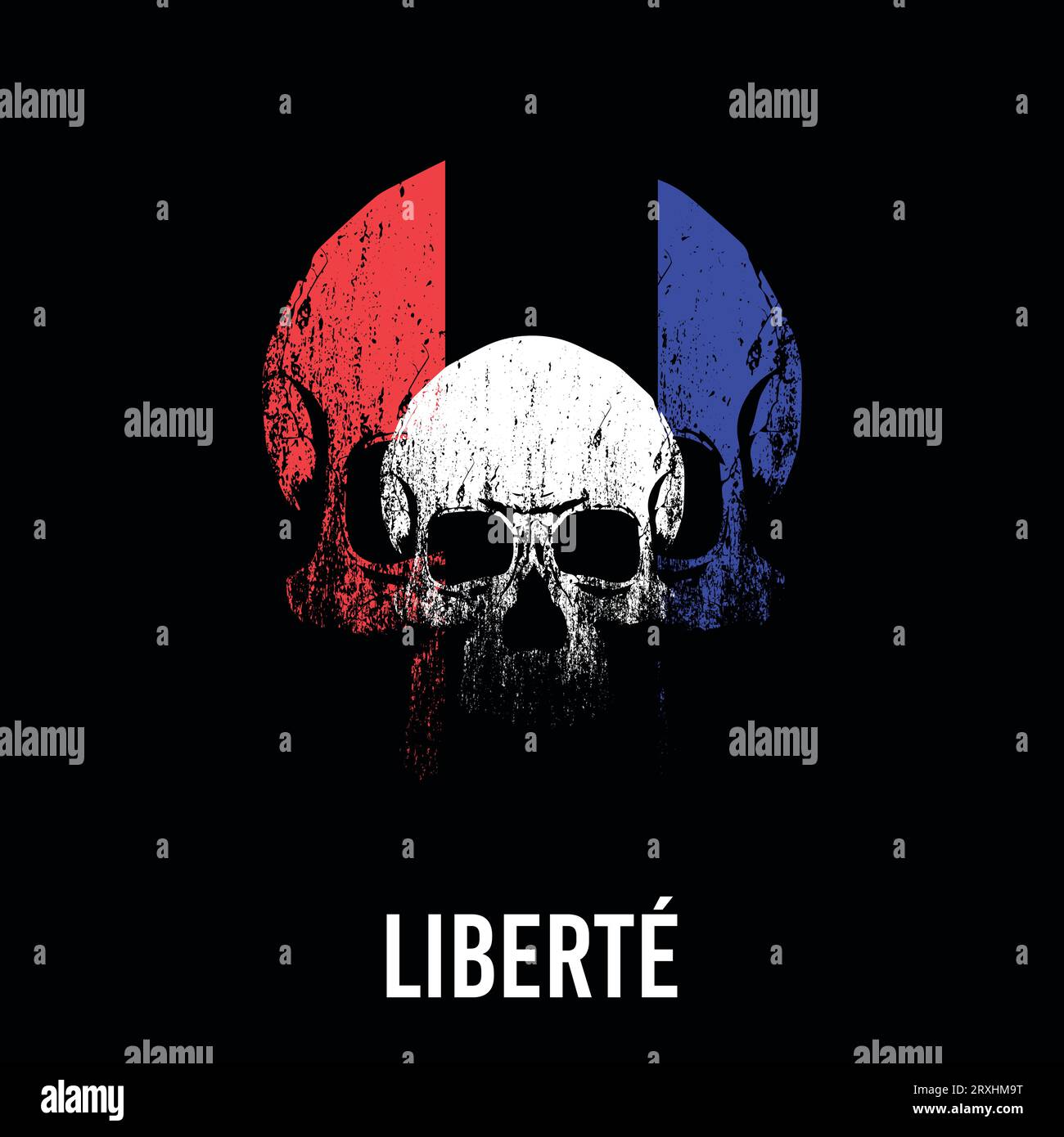 Liberte. T-shirt design of a skull with blue, white and red colors and ...